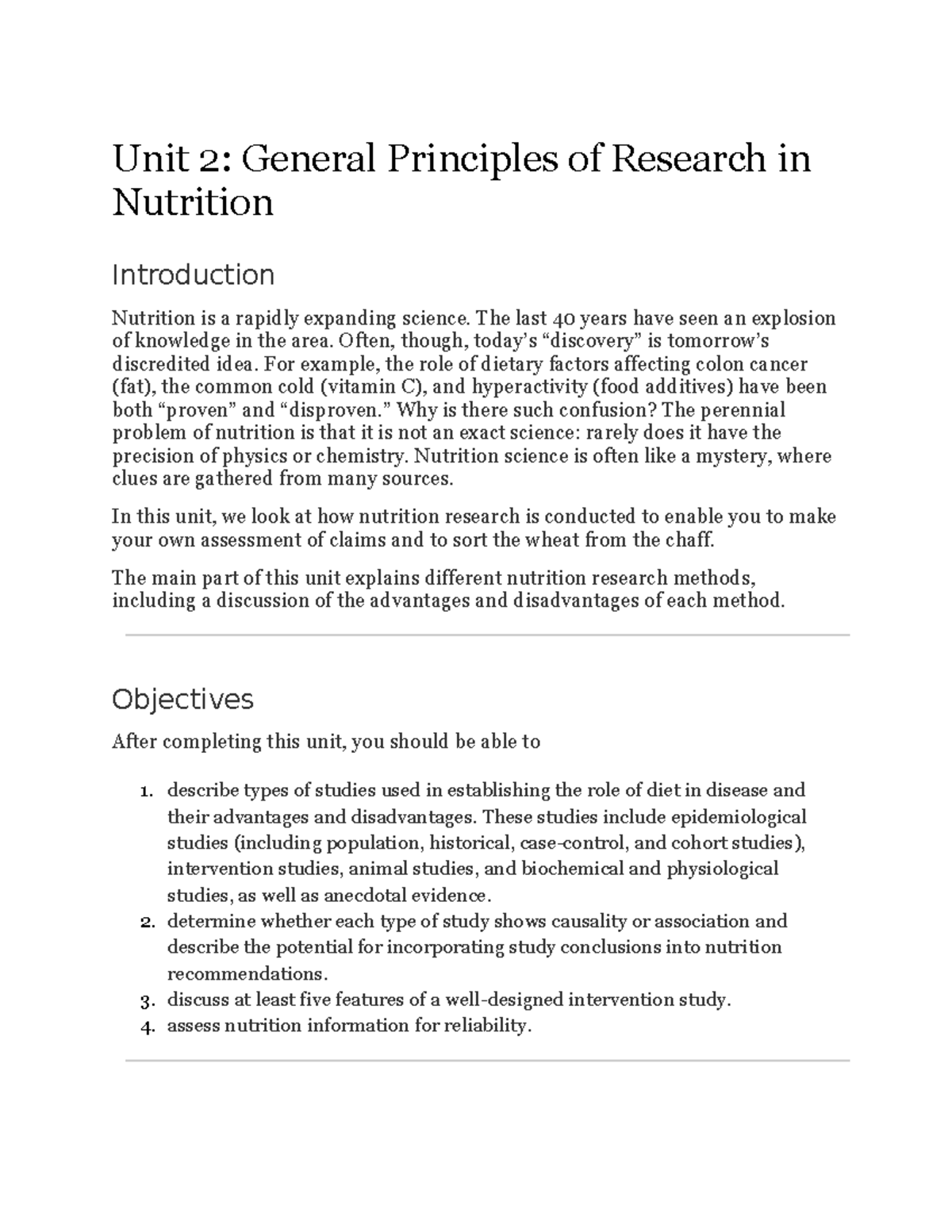 Unit 2 - Summary - Unit 2: General Principles of Research in Nutrition ...