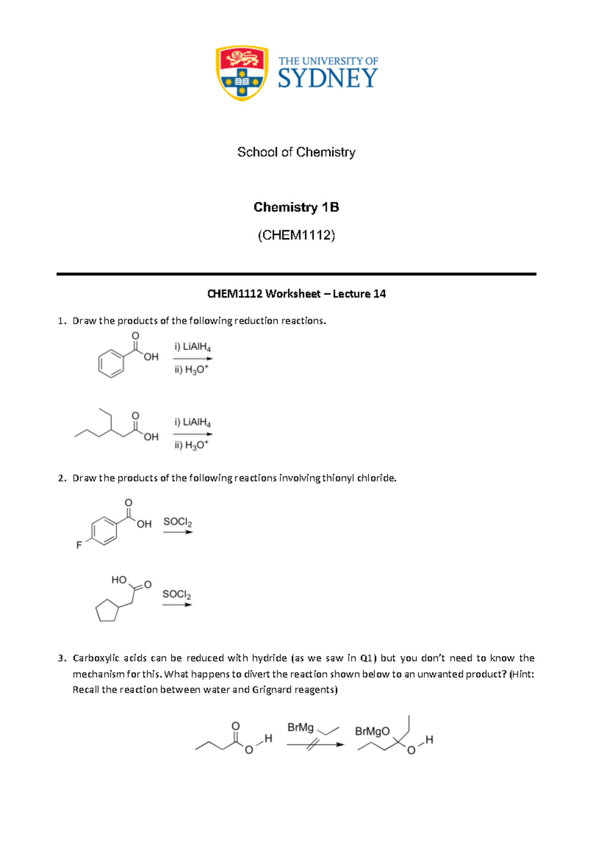 Worksheet 14 - Tutorial notes - semester 1 - CHEM1111 - USyd - Studocu