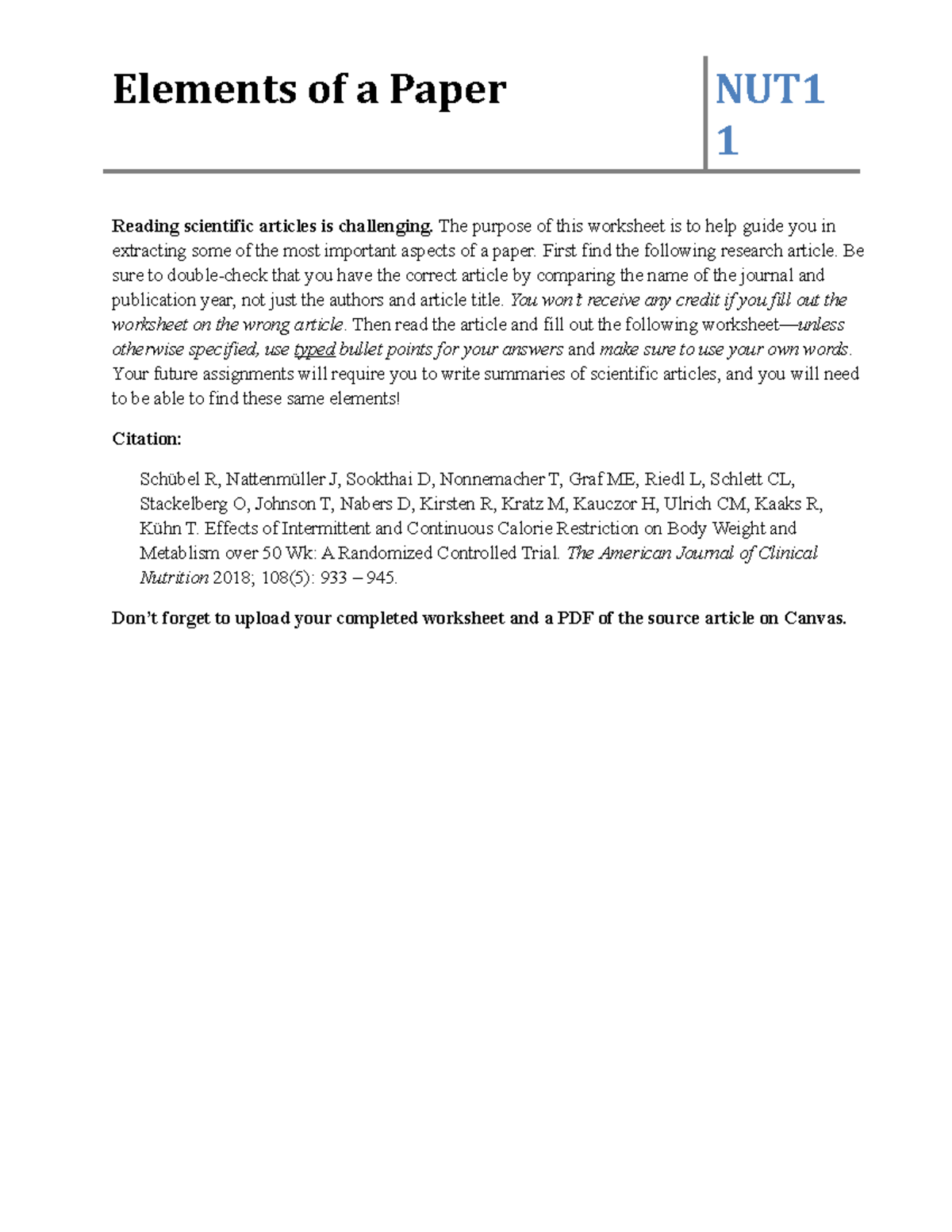 Worksheet - Elements of a Paper NUT 1 Reading scientific articles is ...