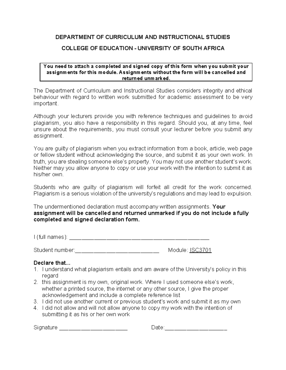 Student Declaration Form 22100 b5c4e8a778ef3a4a141b5c08375 - ISC3701 ...