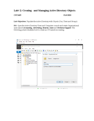 LAb 2 Active Directory Objects - Lab# 2: Creating and Managing Active Directory Objects CST2405 ...