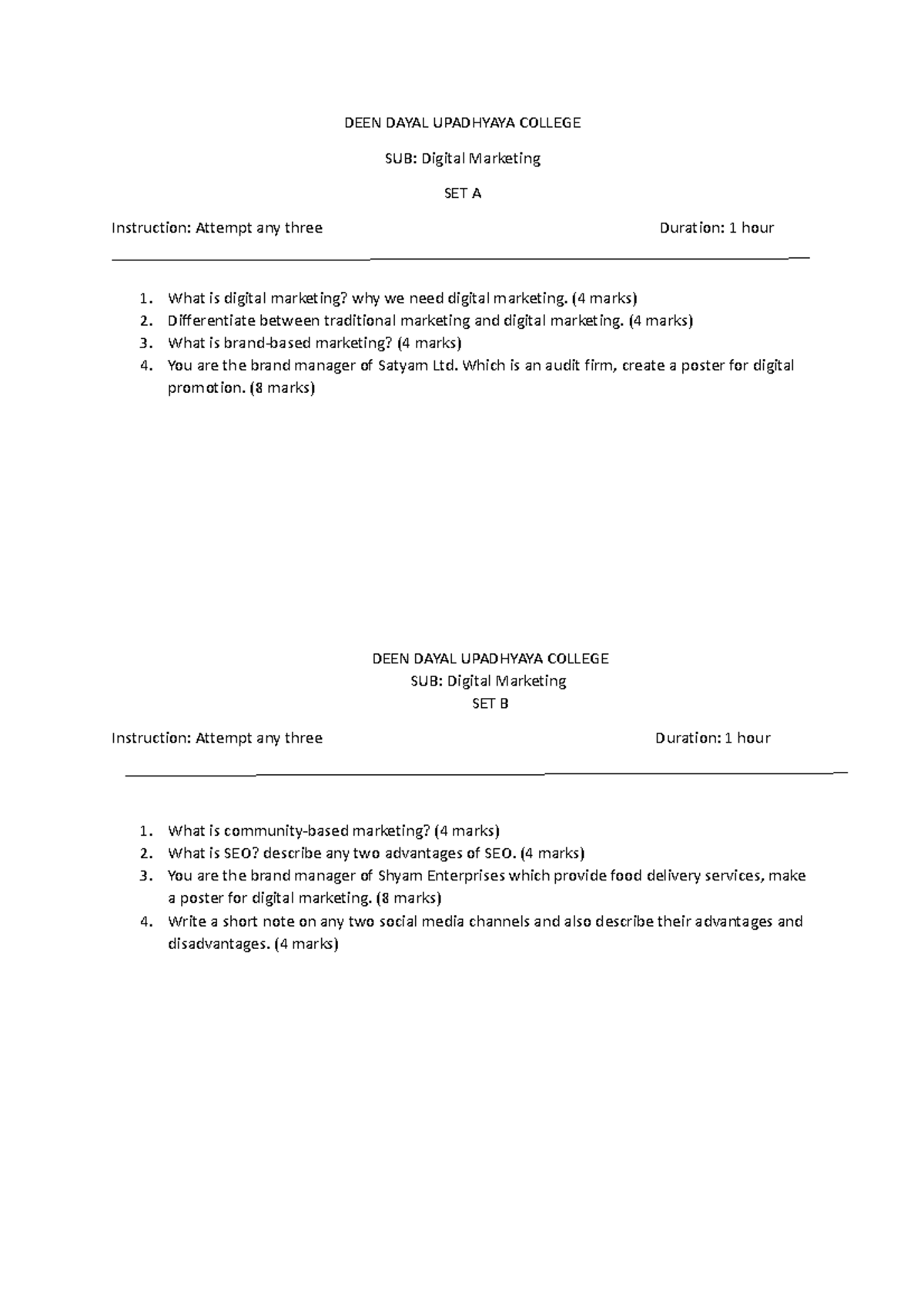 DM test - Digital marketing - DEEN DAYAL UPADHYAYA COLLEGE SUB: Digital ...