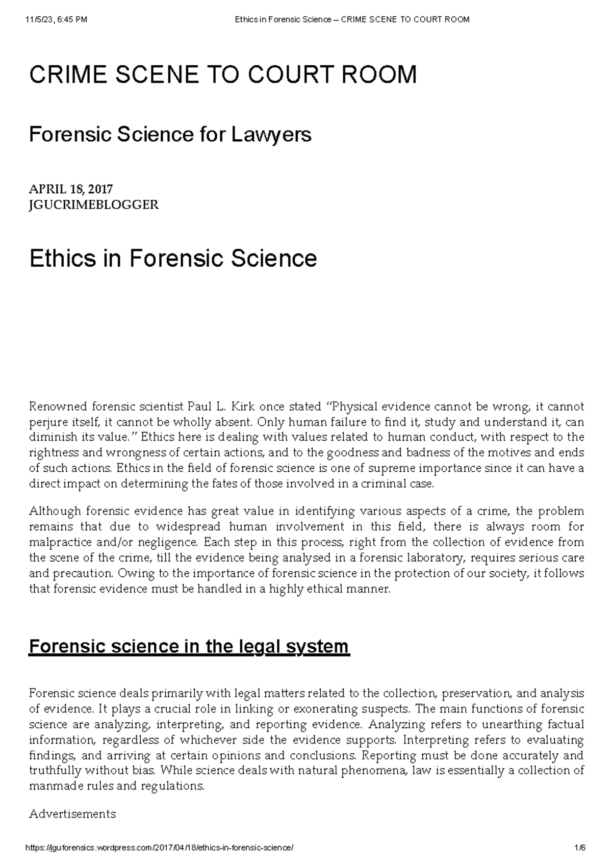 Ethics in Forensic Science – Crime Scene TO Court ROOM - CRIME SCENE TO ...