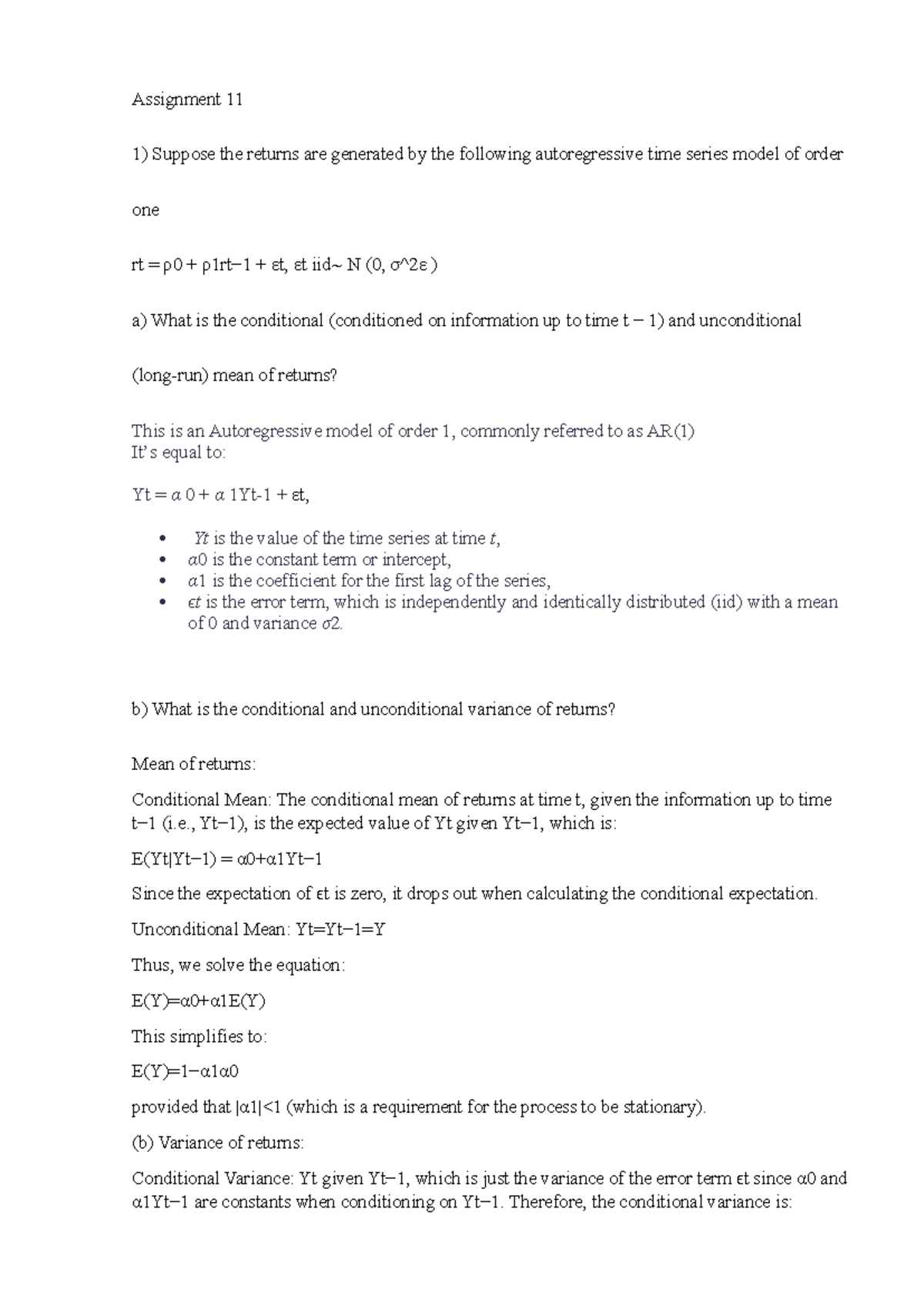 weekly assignment - Assignment 11 Suppose the returns are generated by the following ...