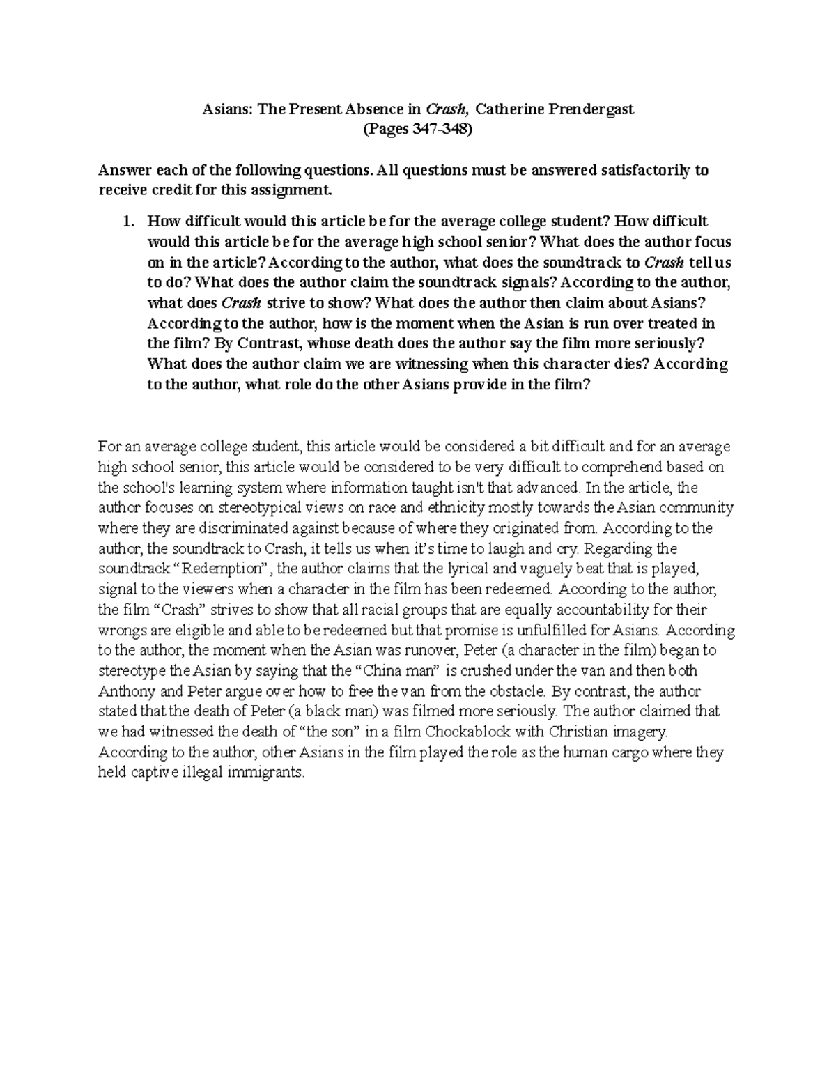 The Present Absence in Crash - All questions must be answered ...