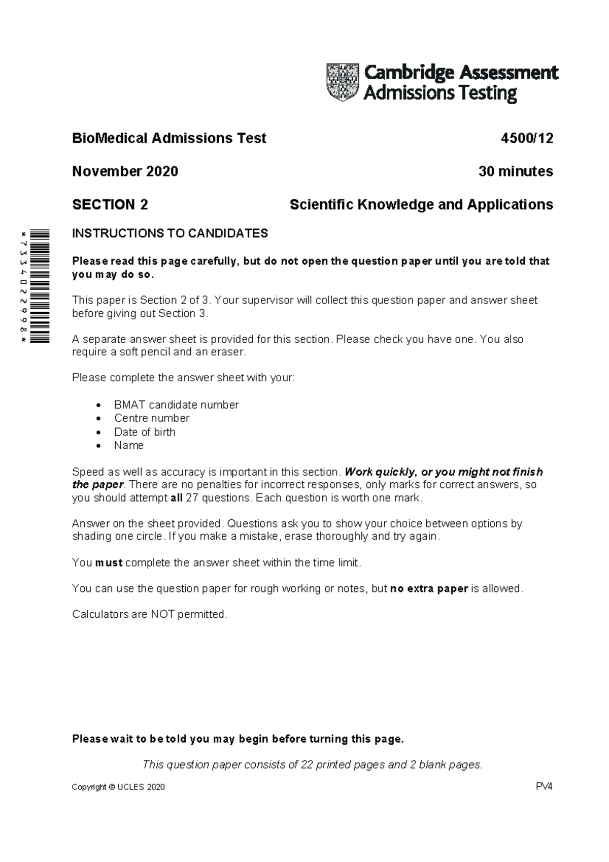 616950 past paper bmat 2020 section 2 - 7334022998 BioMedical ...