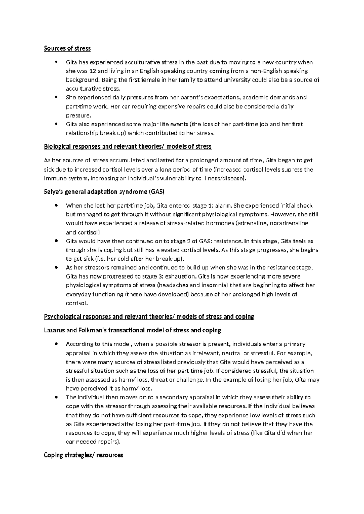 2018 VCAA 10 mark question answer - Sources of stress Gita has ...