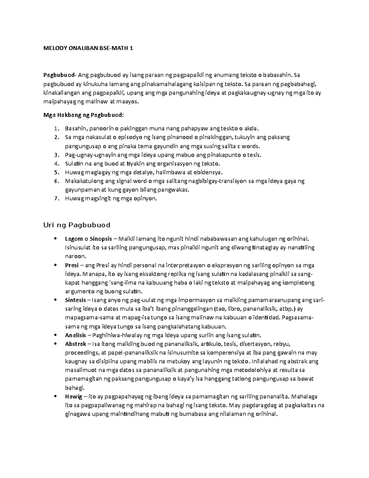 Melody (soft copy) - notes only - MELODY ONALIBAN BSE-MATH 1 Pagbubuod ...