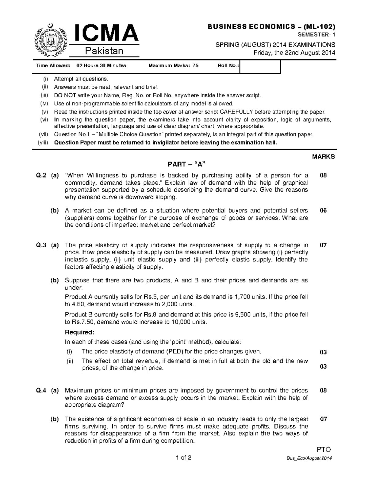 Eco 2014 - economics past year paper - 1 of 2 Bus_Eco/August. ICMA Pakistan BUSINESS ECONOMICS ñ ...