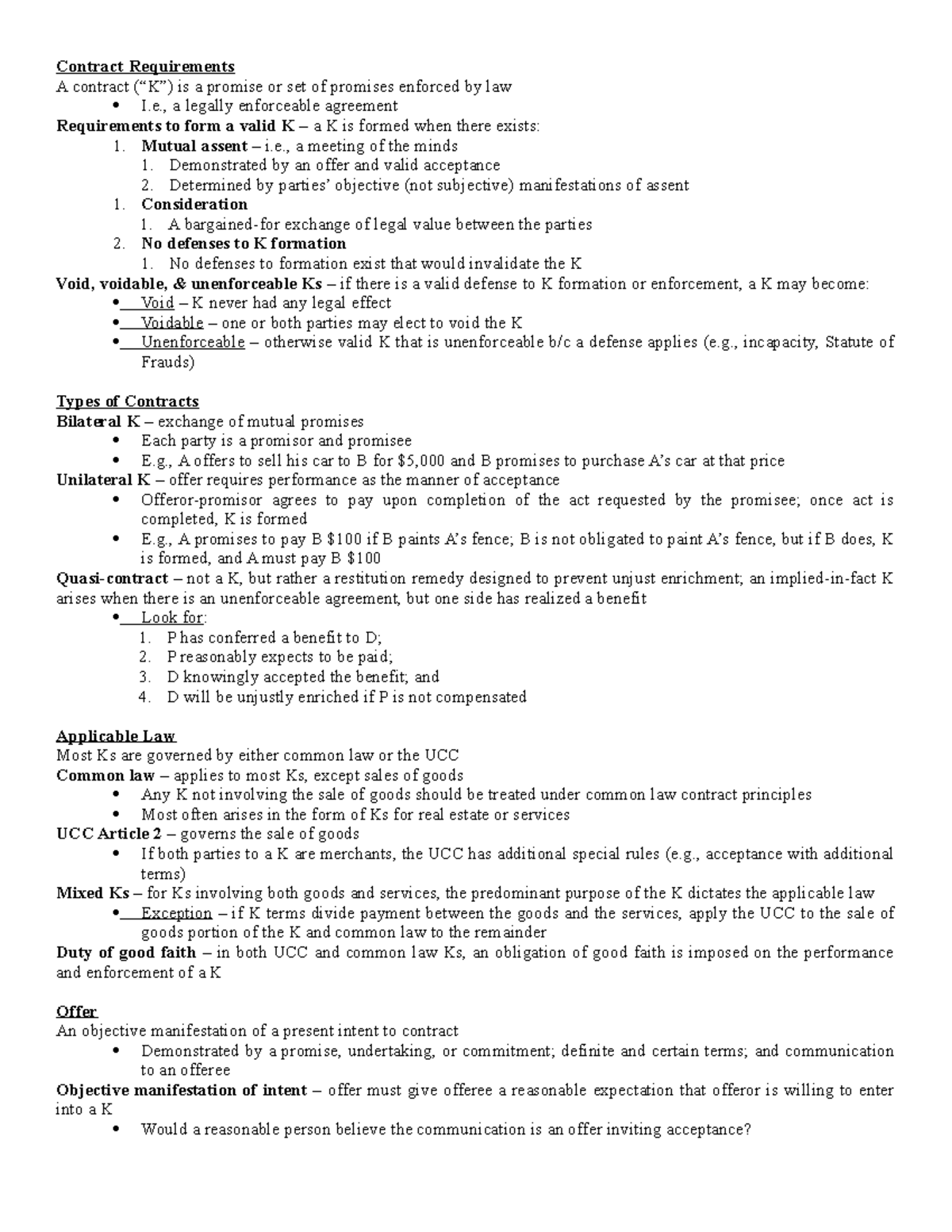 Contracts Outline covering all topics - Contract Requirements A ...