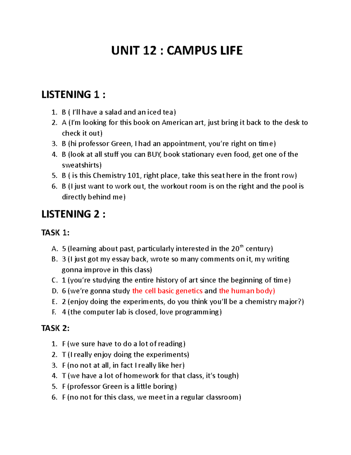 UNIT 12 - nyb - UNIT 12 : CAMPUS LIFE LISTENING 1 : B ( I’ll have a ...