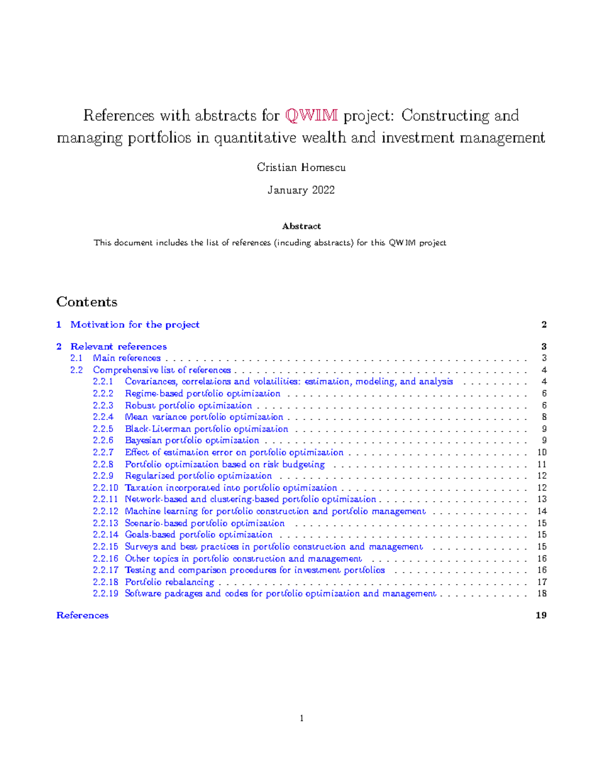 Portfolio construction and management in QWIM Refs with abstracts ...