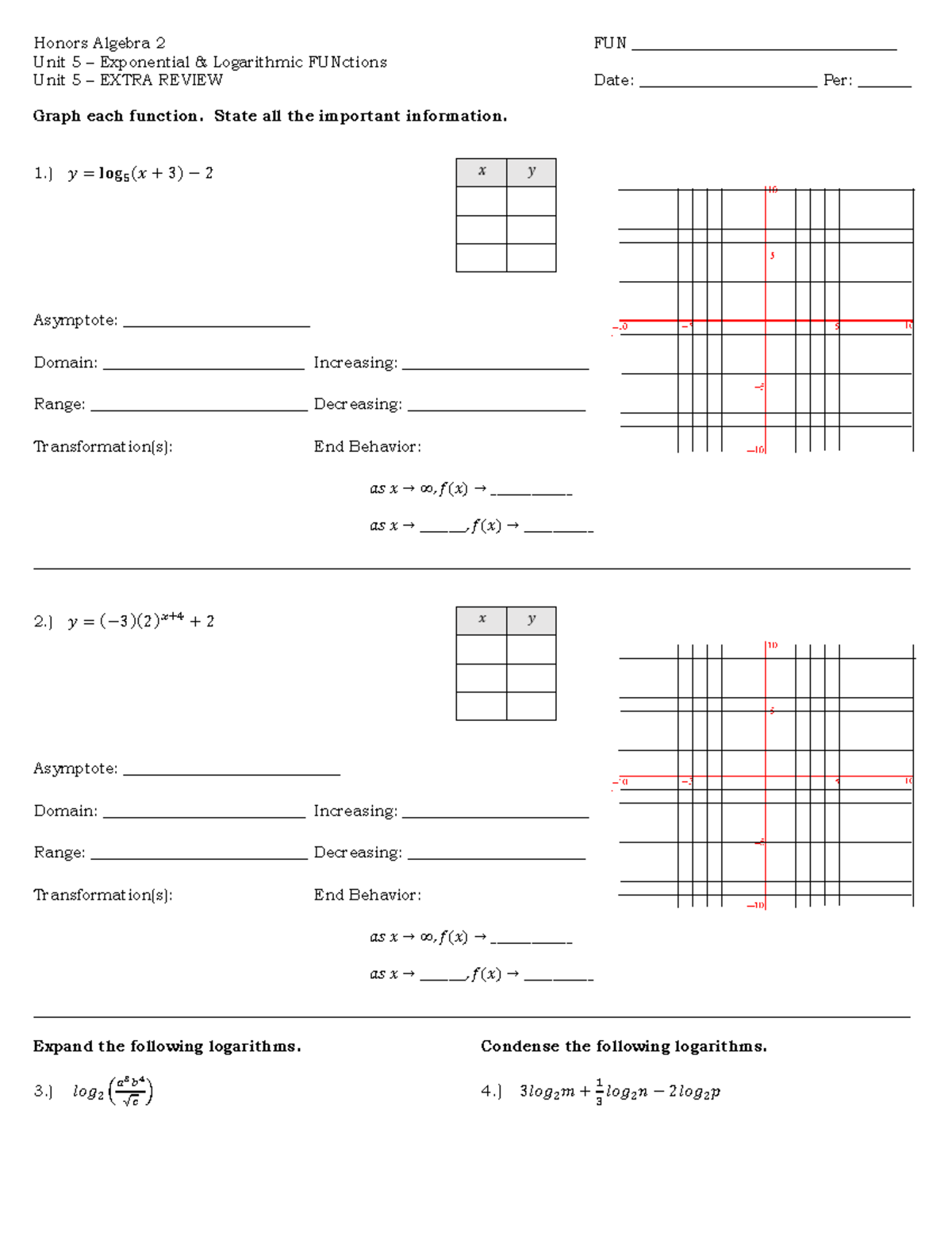 Unit 5 - Extra Review - Idek - Honors Algebra 2 FUN ...
