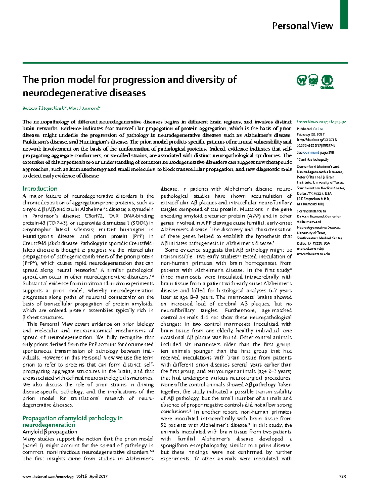 A Stopschinski & Diamond 2017 - The prion model for progression and ...