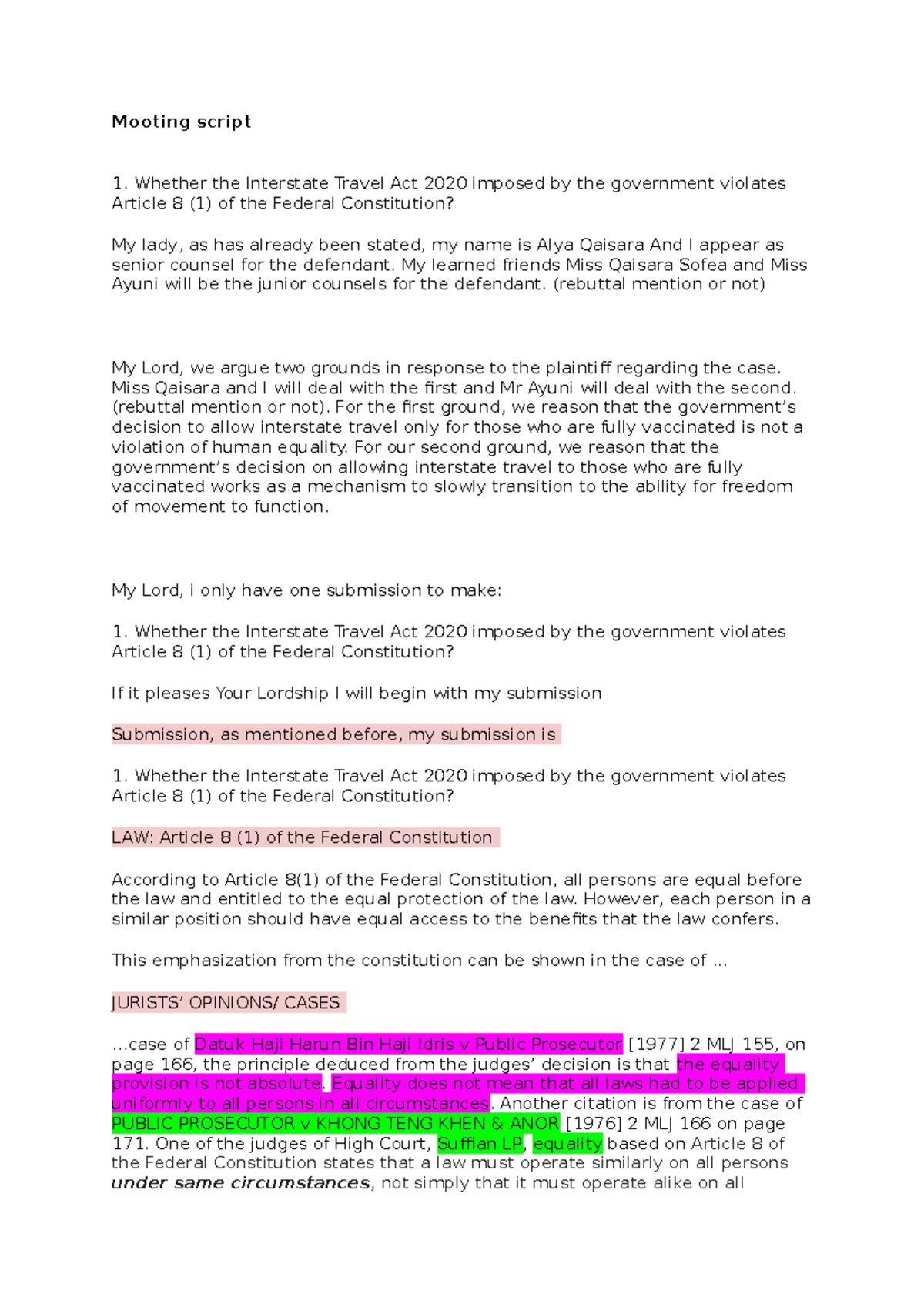 Script mooting - Premium - Mooting script Whether the Interstate Travel ...