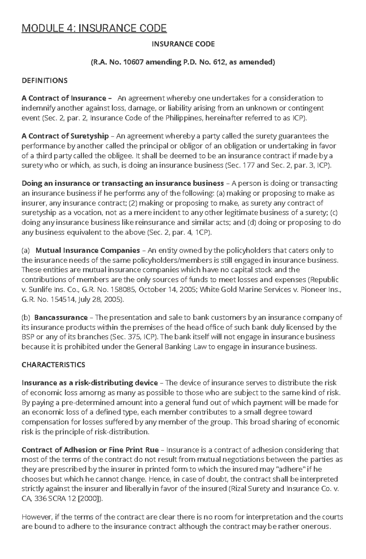 Module 4 - Insurance Code - MODULE 4: INSURANCE CODE INSURANCE CODE (R ...