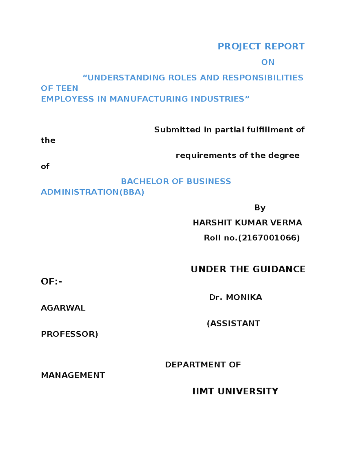 Harshit PDF - indian economy - PROJECT REPORT ON “UNDERSTANDING ROLES AND RESPONSIBILITIES OF ...
