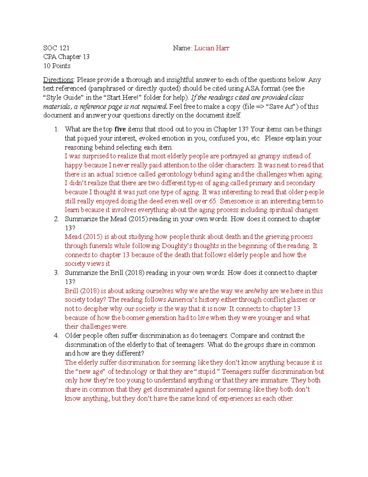 Chapter 13 - SOC 121 Name: Lucian Harr CPA Chapter 13 10 Points ...