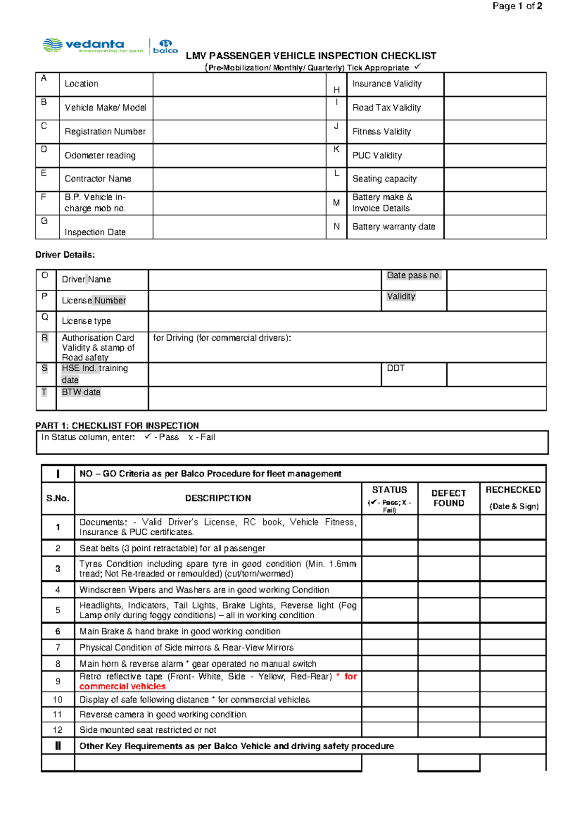 vehicle checklist - Page 1 of 2 LMV PASSENGER VEHICLE INSPECTION ...