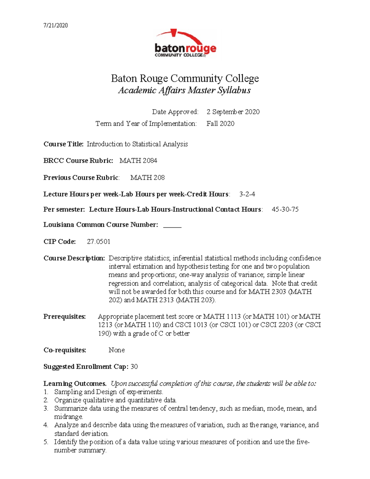 MATH 2084 ADA MS GE Fall 2020 - 7/21/ Baton Rouge Community College ...