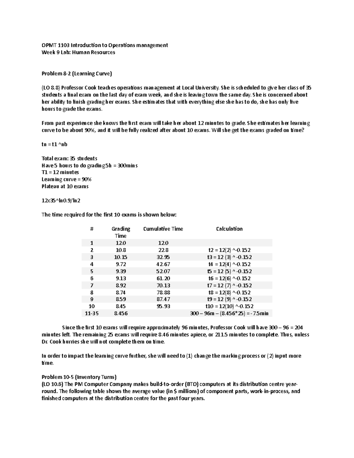 OPMT 1103 Week 9 Lab - OPMT 1103 Introduction to Operations management ...