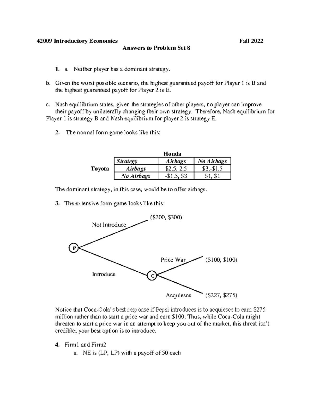 Answers to problem Set 8 - 42009 Introductory Economics Fall 2022 Answers to Problem Set 8 a ...