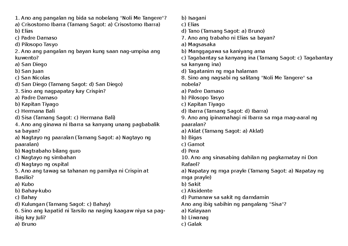 Quiz Noli - for JHS Grade 9 & 10 - Ano ang pangalan ng bida sa nobelang ...