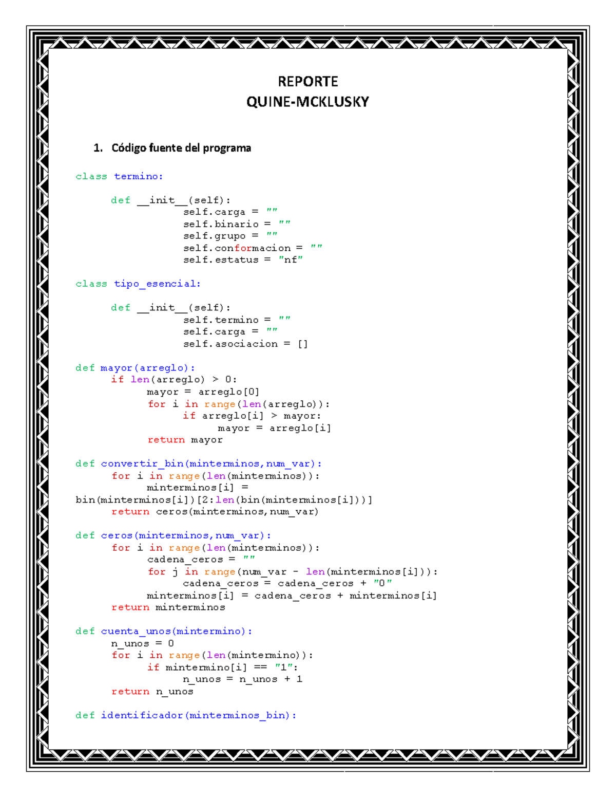 108613728 Metodo Quine Mcclusky en Python CF - REPORTE QUINE-MCKLUSKY 1 ...