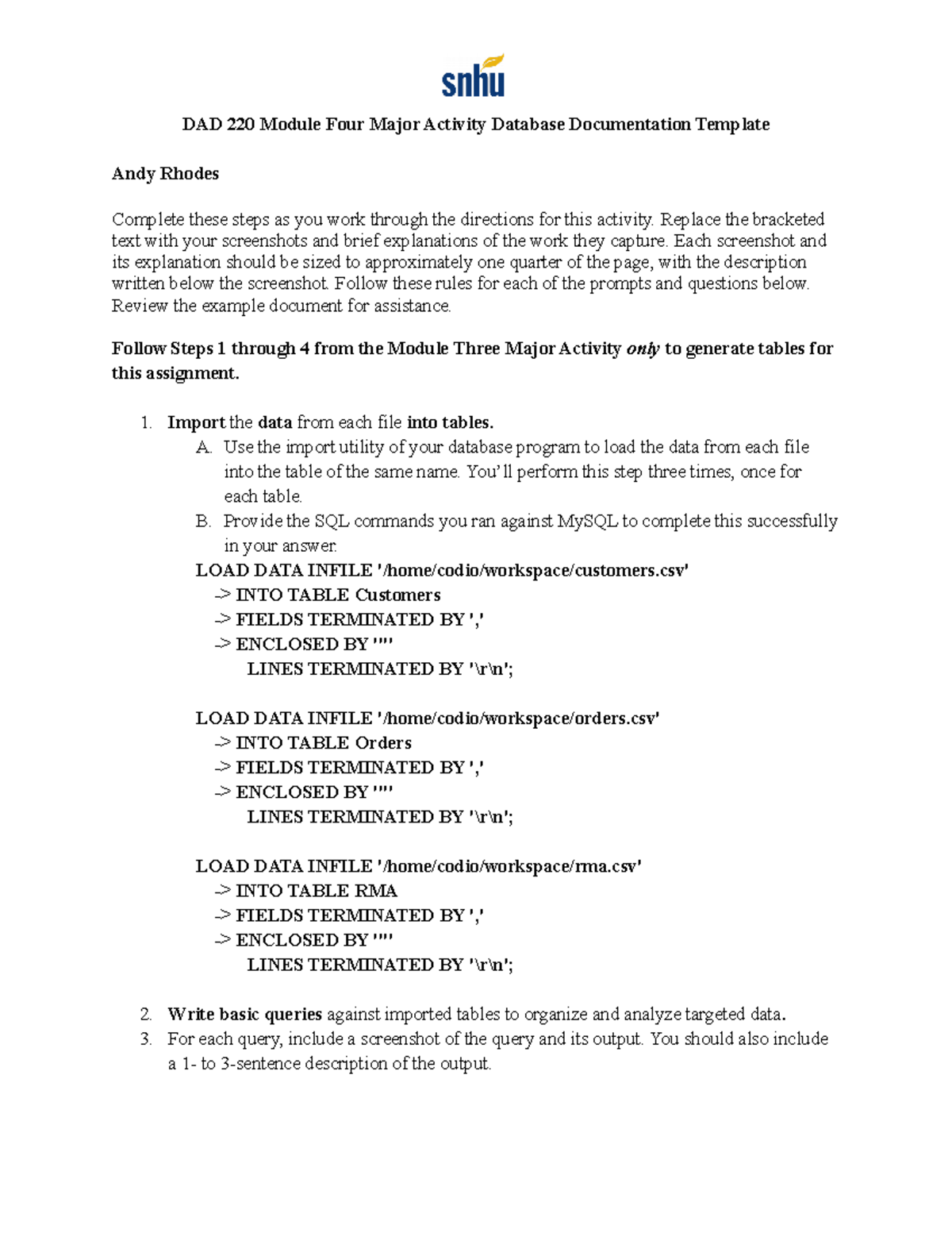 DAD 220 Module Four Major Activity Database Documentation Finished ...