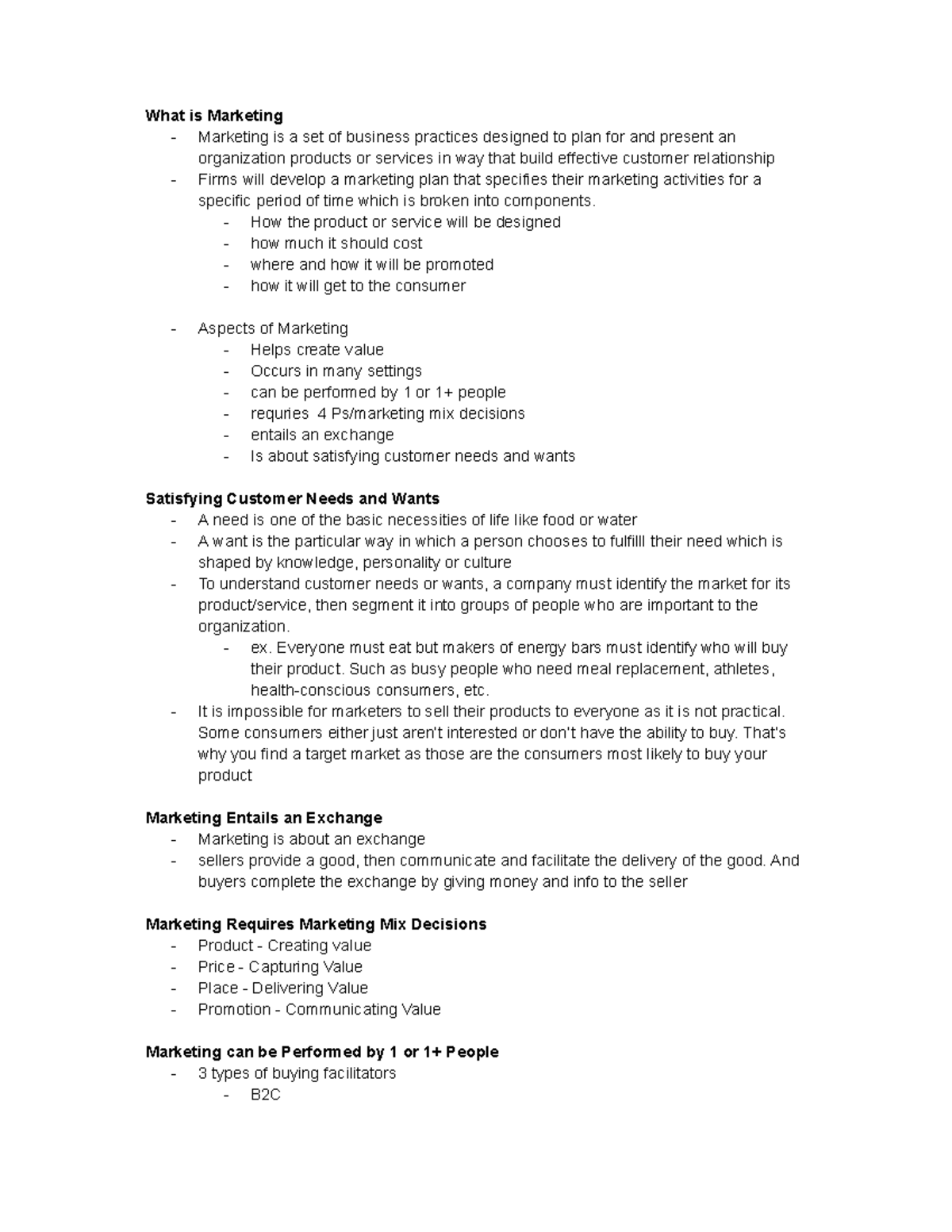 BU352 Chapter 1 - Textbook Notes - What is Marketing - Marketing is a ...