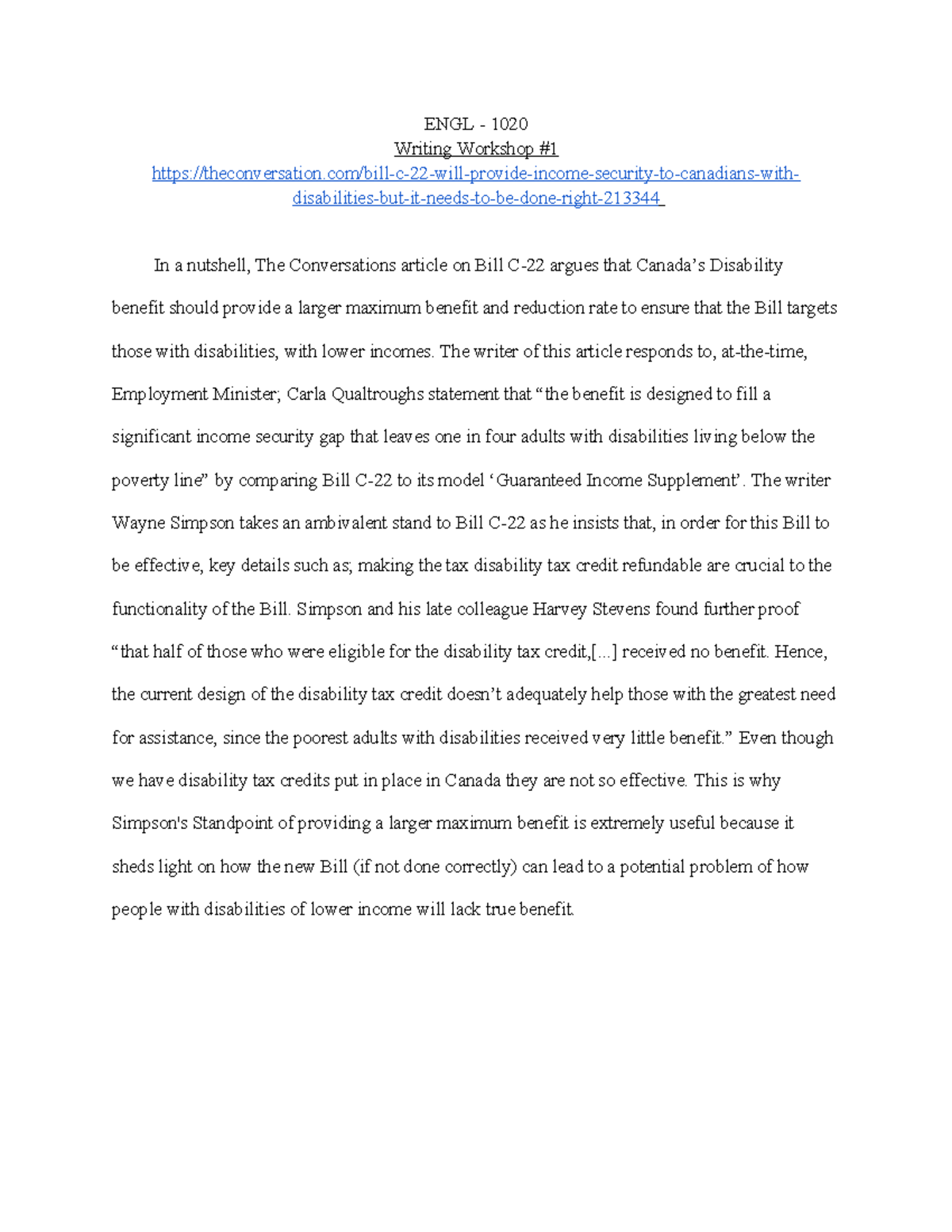 Writing Workshop #1 - In class assignments - ENGL - 1020 Writing Workshop # - Studocu