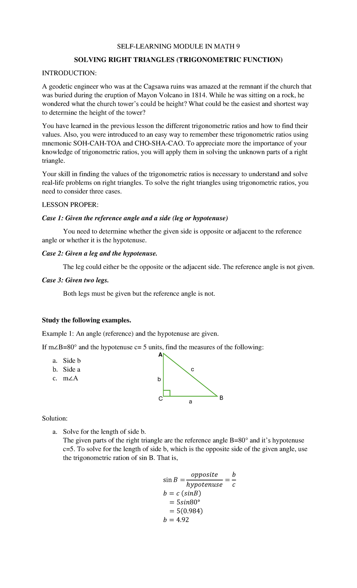Grade 9 SLM - SELF-LEARNING MODULE IN MATH 9 SOLVING RIGHT TRIANGLES (TRIGONOMETRIC FUNCTION ...