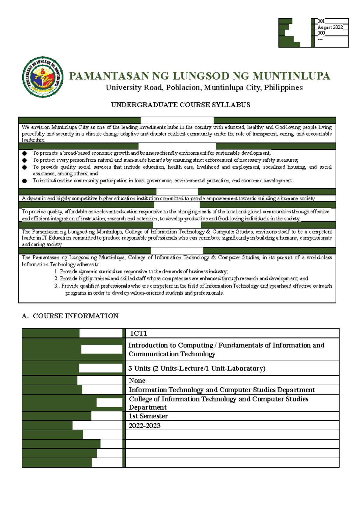 IT ICT1 Introduction to Computing - Issue No: 001 Effectivity: August ...