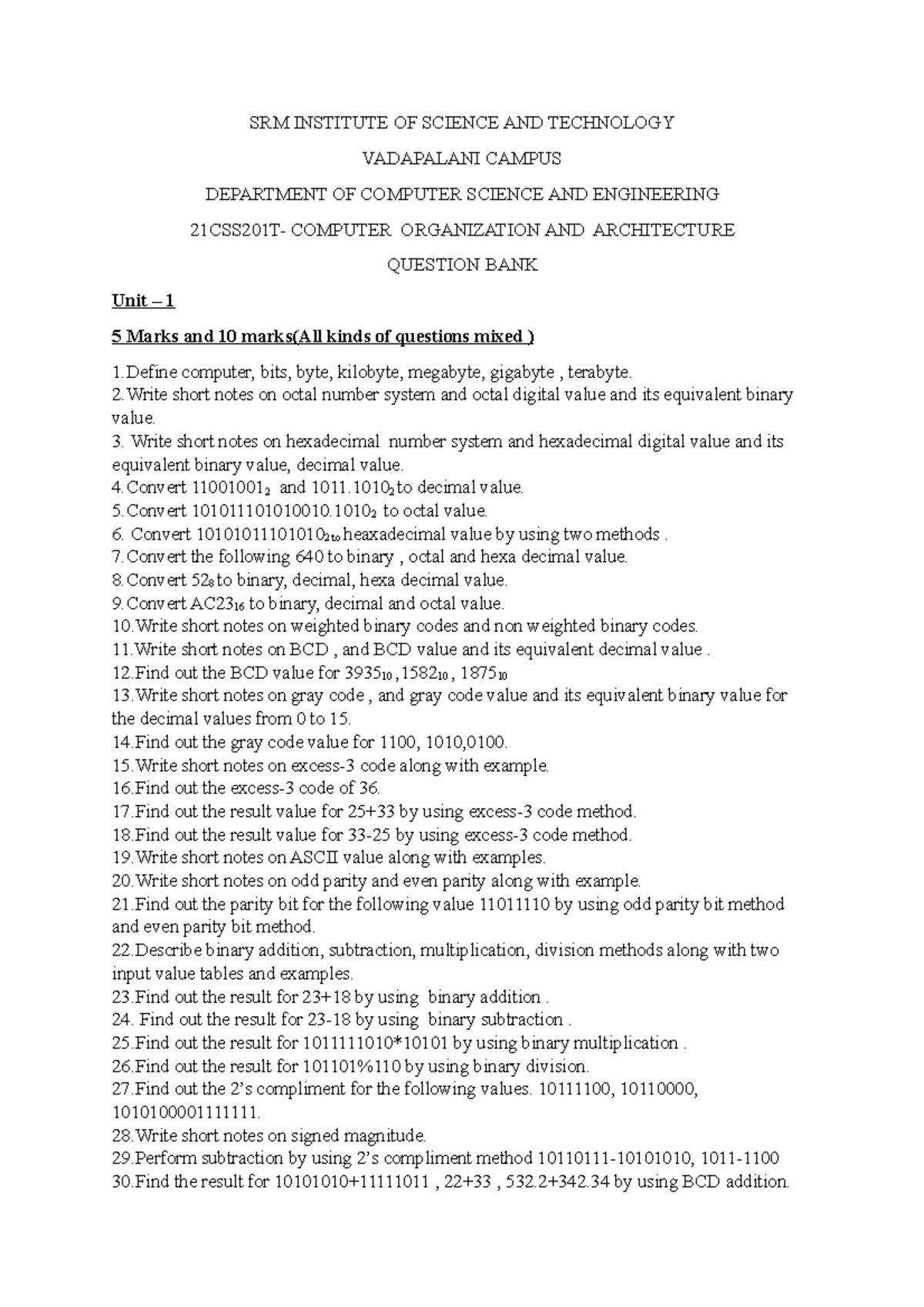 UNIT - 1 21CSS201T COA QB - SRM INSTITUTE OF SCIENCE AND TECHNOLOGY ...