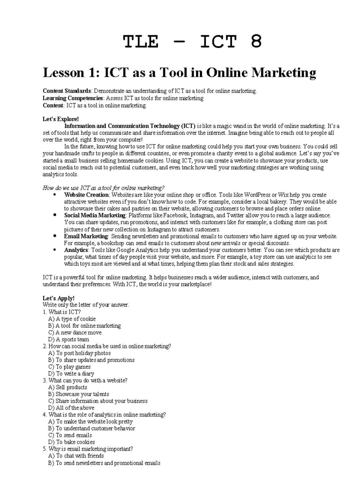 ICT 8 Module - TLE – ICT 8 Lesson 1: ICT as a Tool in Online Marketing ...