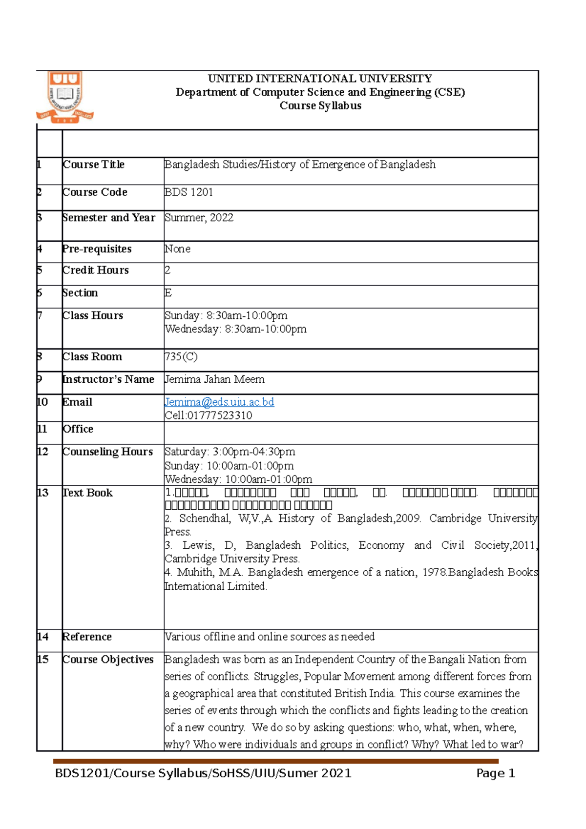 Course Syllabus BDS (E) - UNITED INTERNATIONAL UNIVERSITY Department of ...