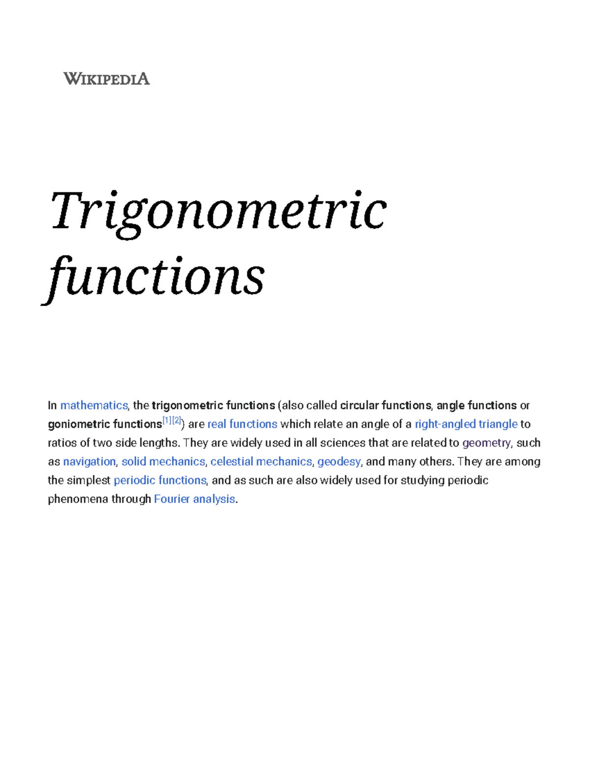 Trigonometric functions - Wikipedia - Sear Trigonometric functions In ...