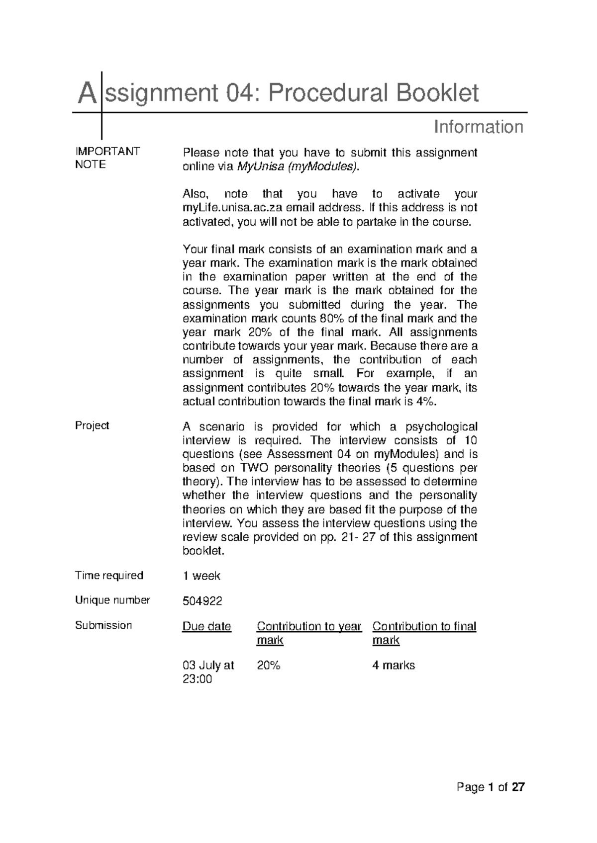 Assignment 04 procedural booklet - A ssignment 04: Procedural Booklet Information IMPORTANT NOTE ...