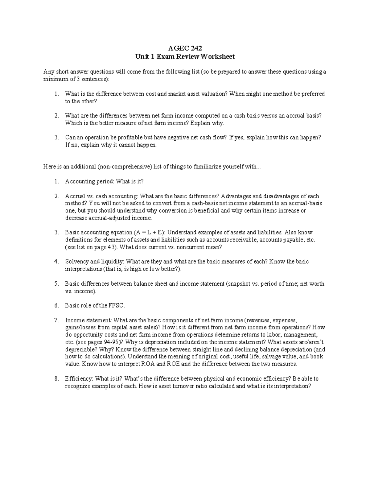 242, 2018 E1 Review - AGEC 242 Unit 1 Exam Review Worksheet Any short ...