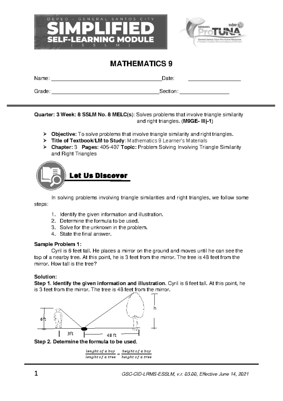 Quarter-3-Module-8 - 3ft MATHEMATICS 9 Name ...