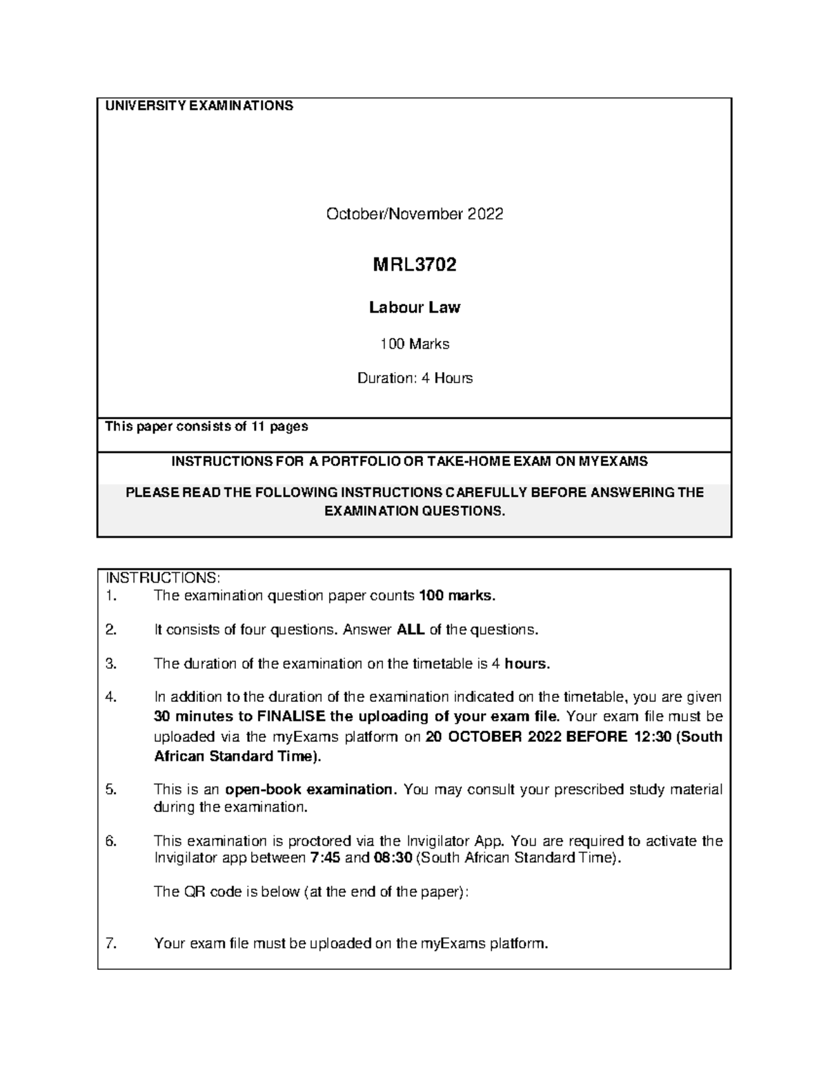 MRL3702 Paper Instructions - UNIVERSITY EXAMINATIONS October/November ...