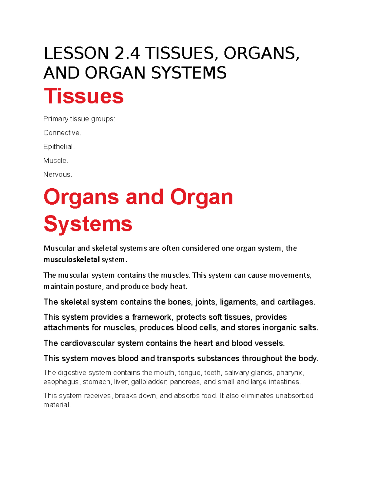 Lesson 2.4 Tissues, Organs, AND Organ Systems - LESSON 2 TISSUES ...