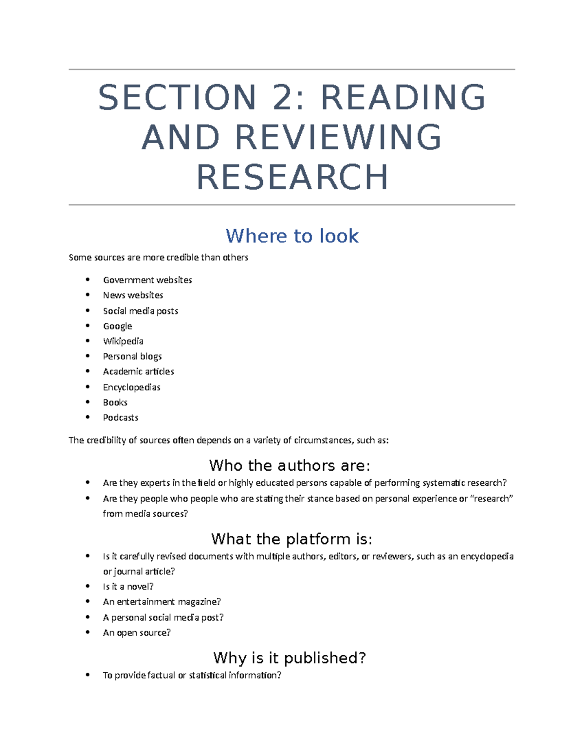 Section 2 - Reading AND Reviewing Research - SECTION 2: READING AND REVIEWING RESEARCH Where to ...