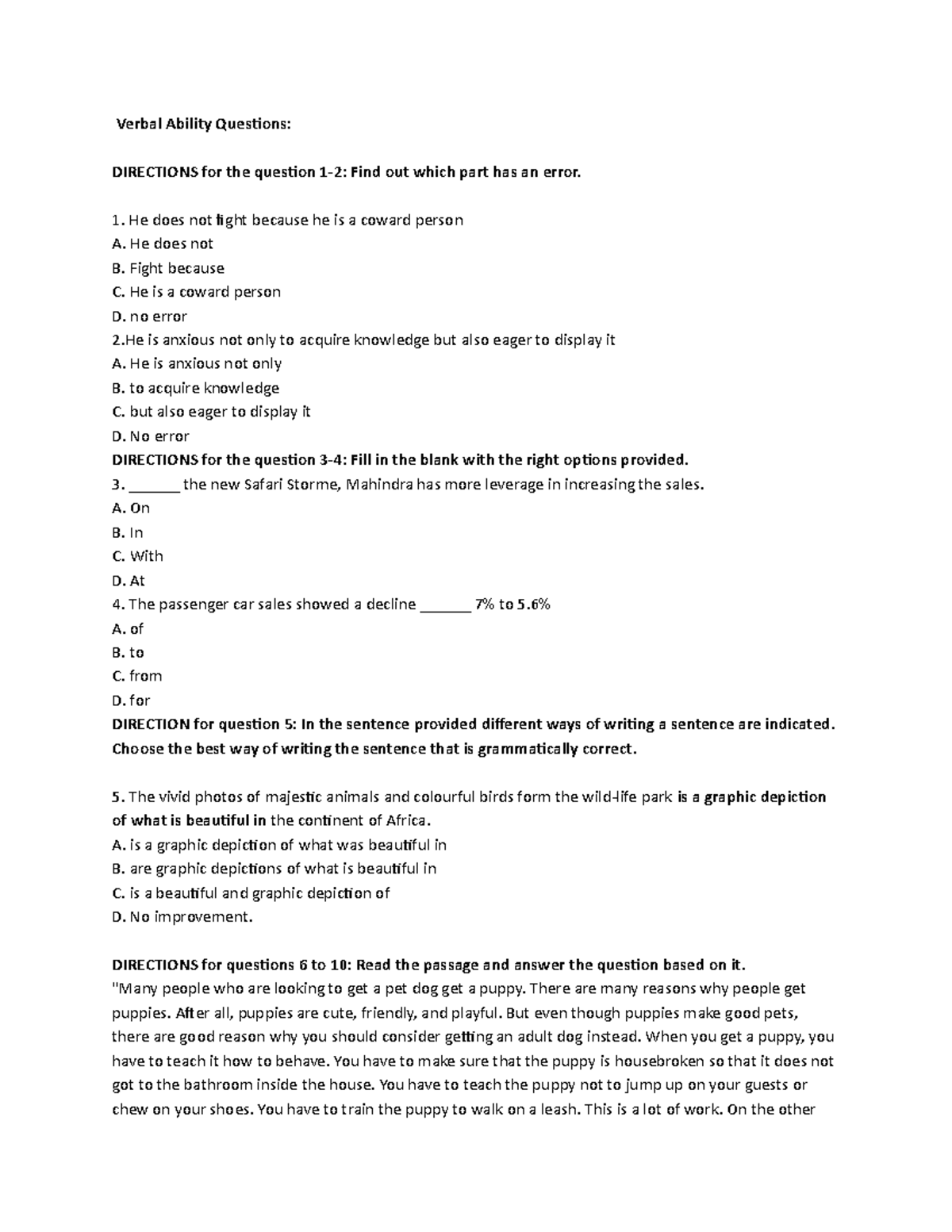 PPT Class nw 1 - Verbal Ability Questions: DIRECTIONS for the question ...