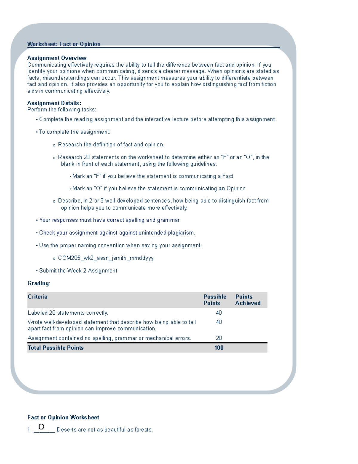 COM205H Wk2 Assignment 2 - Worksheet: Fact or Opinion Assignment ...