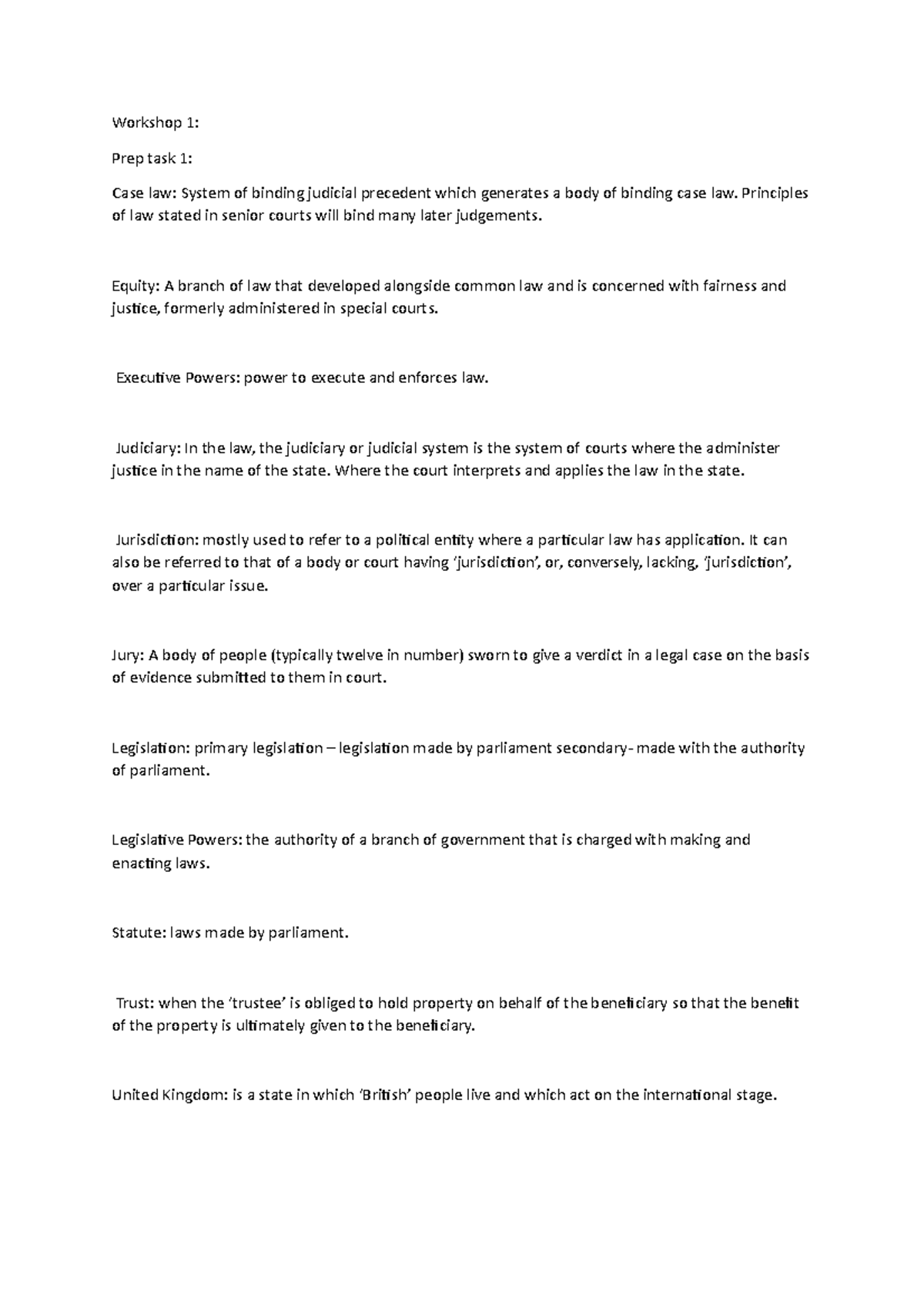 Workshop 1 - common law - Workshop 1:Prep task 1: Case law: System of ...