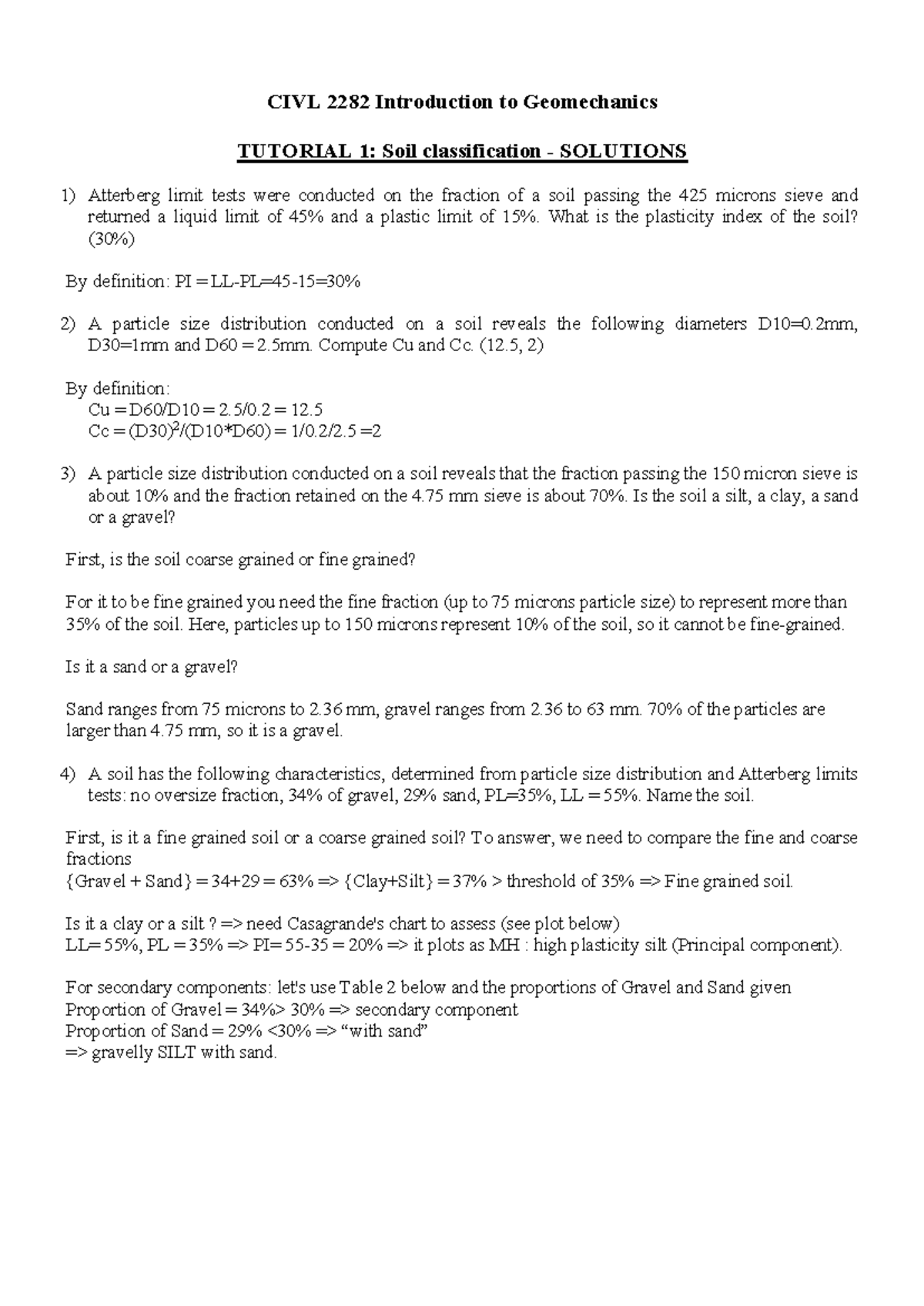 Tutorial 1 Solution - Soil classification, Week 1 content - CIVL 2282 Introduction to ...