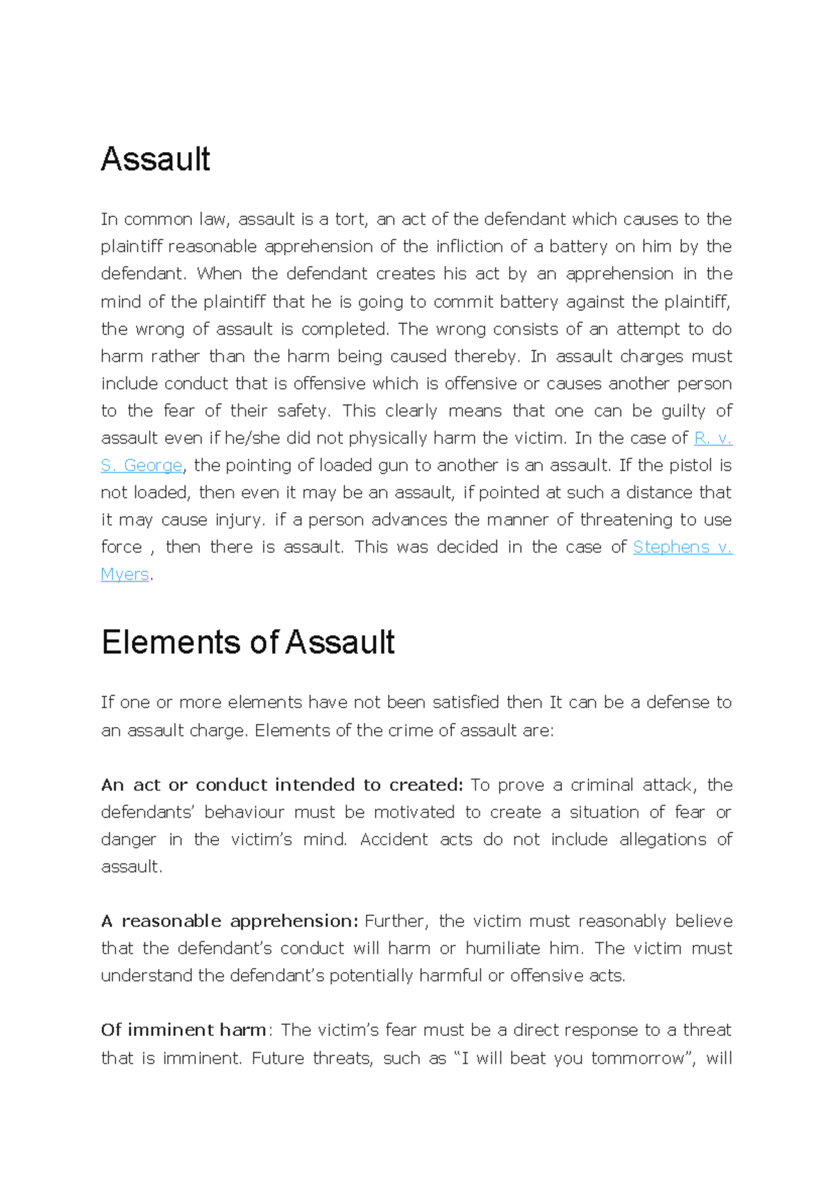 Assault - Assault In common law, assault is a tort, an act of the ...