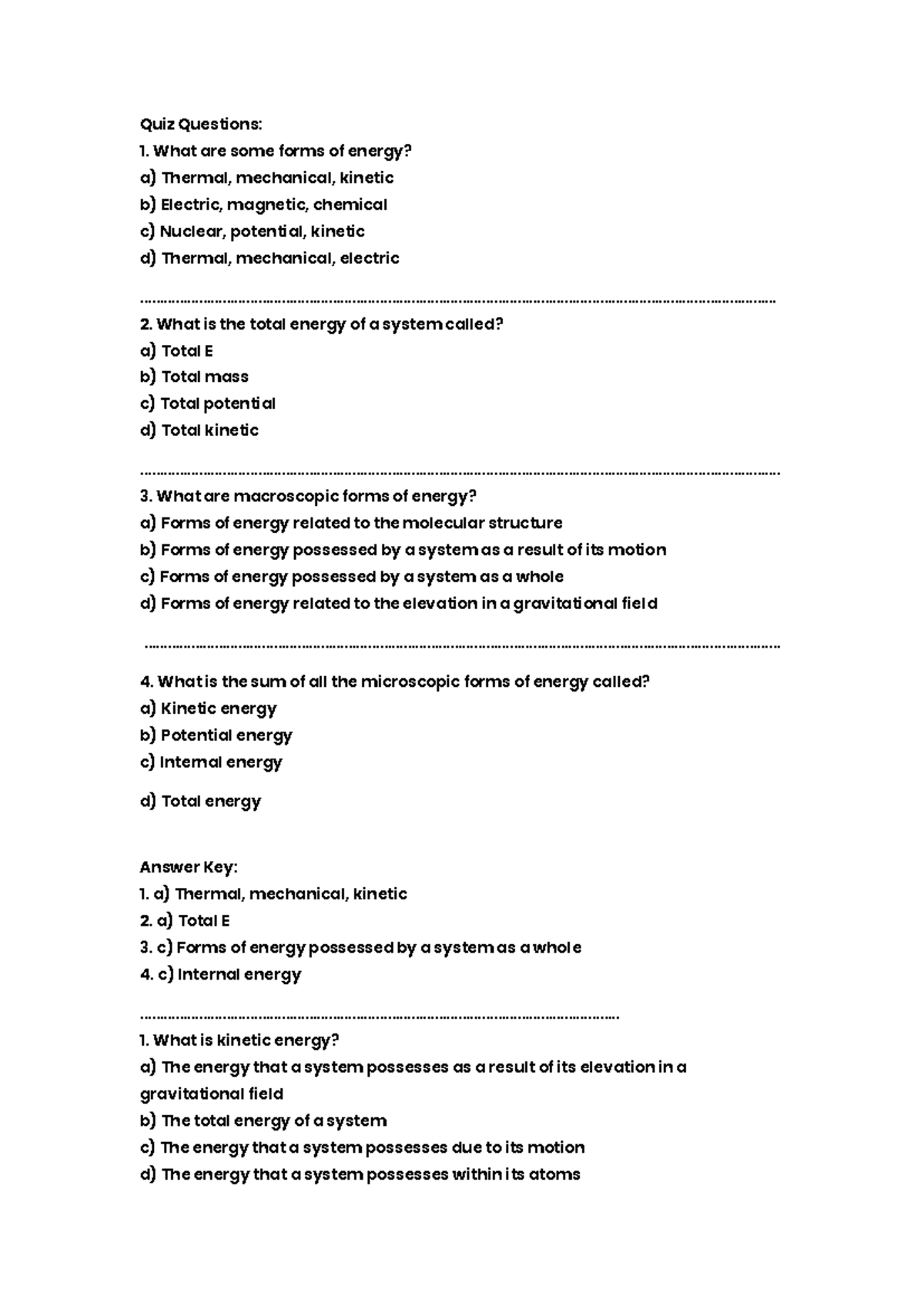 Renewable Energies F - Quiz Questions: What are some forms of energy? a ...