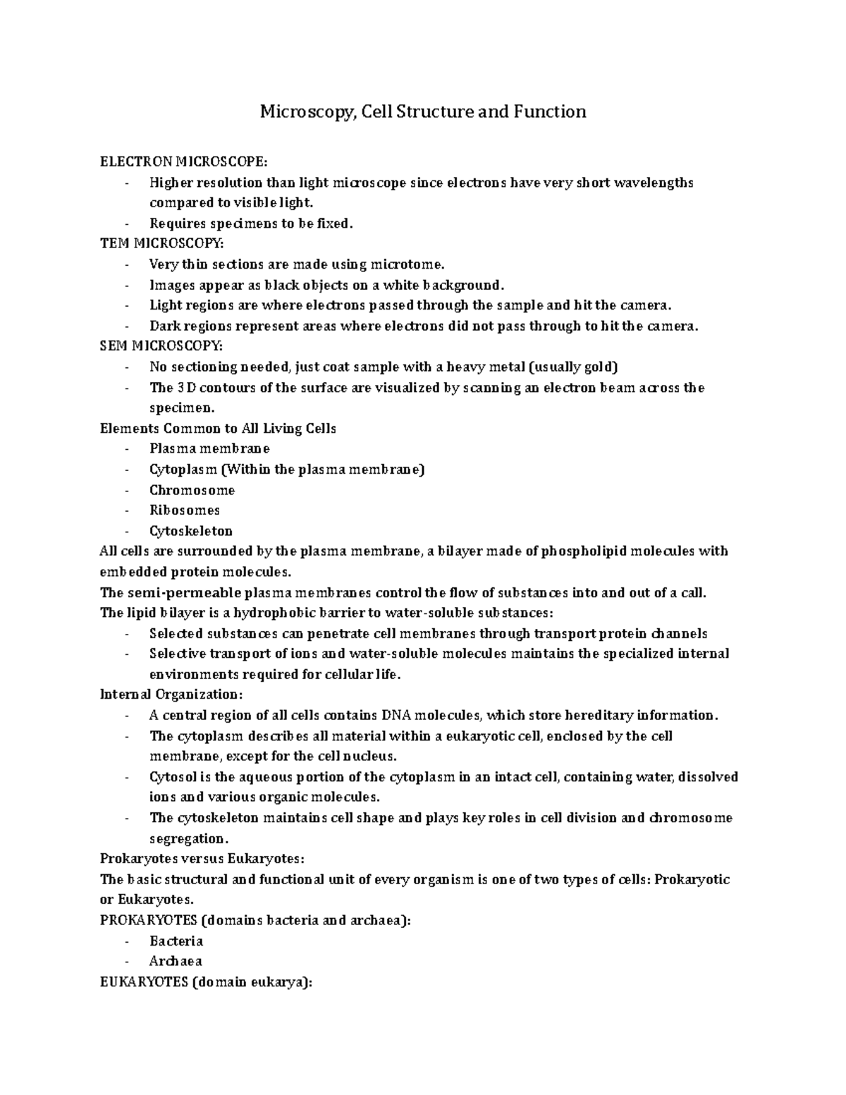 Microscopy, Cell Structure and Function - Microscopy, Cell Structure and Function ELECTRON - Studocu